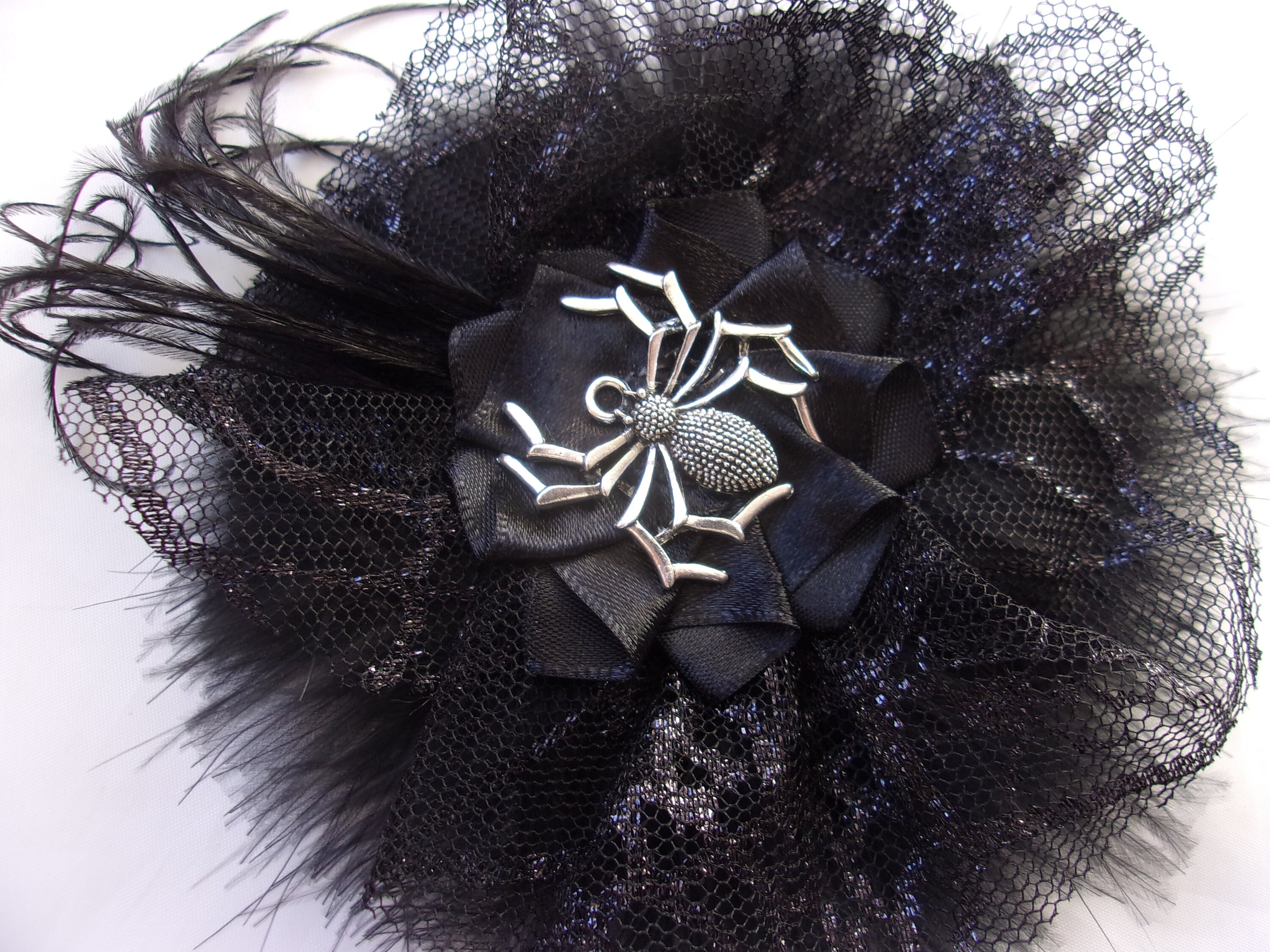 Black Spider Brooch With Feathers Cobweb Tulle Corsage - Etsy UK