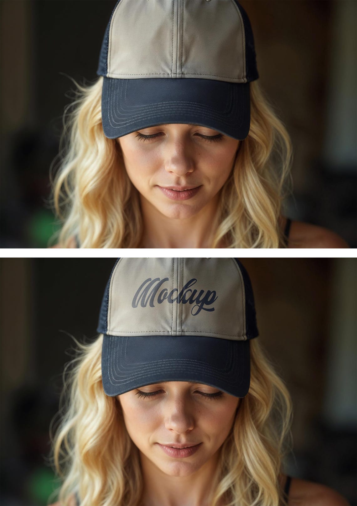 Trucker Hat Mockup on Female Model – Realistic Cap PSD for Branding ...