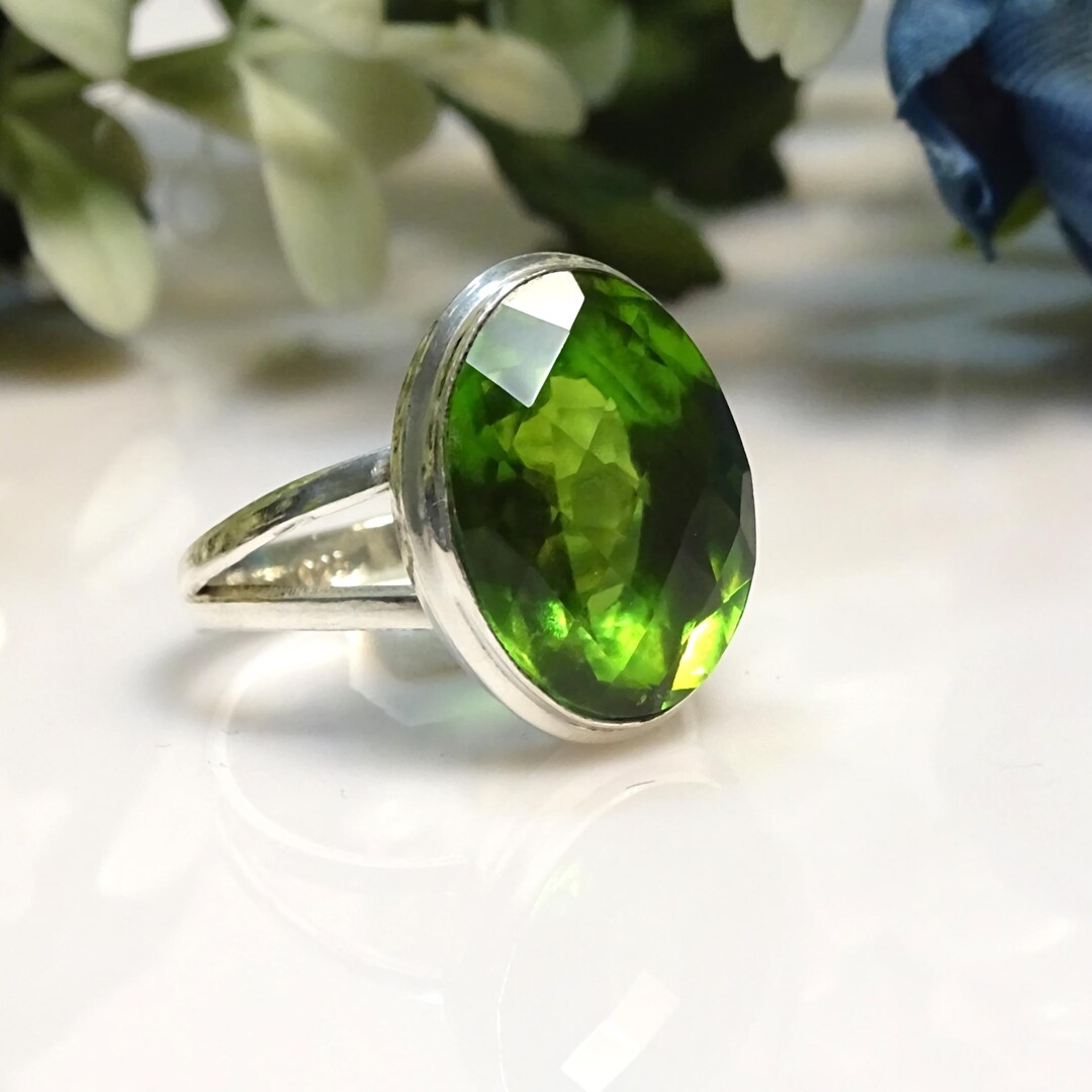 Bague en argent sterling 925 avec pierres précieuses vertes chromées ...