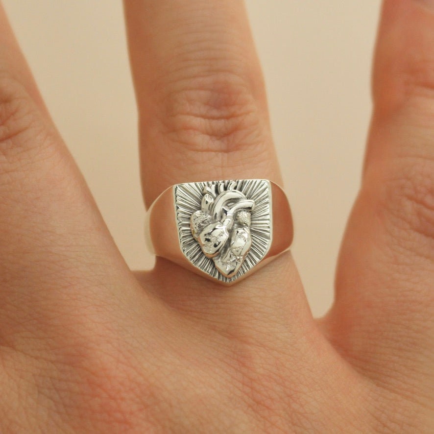 Sacred Heart Heraldry Shield Shape Signet Ring With Hand Engraved ...