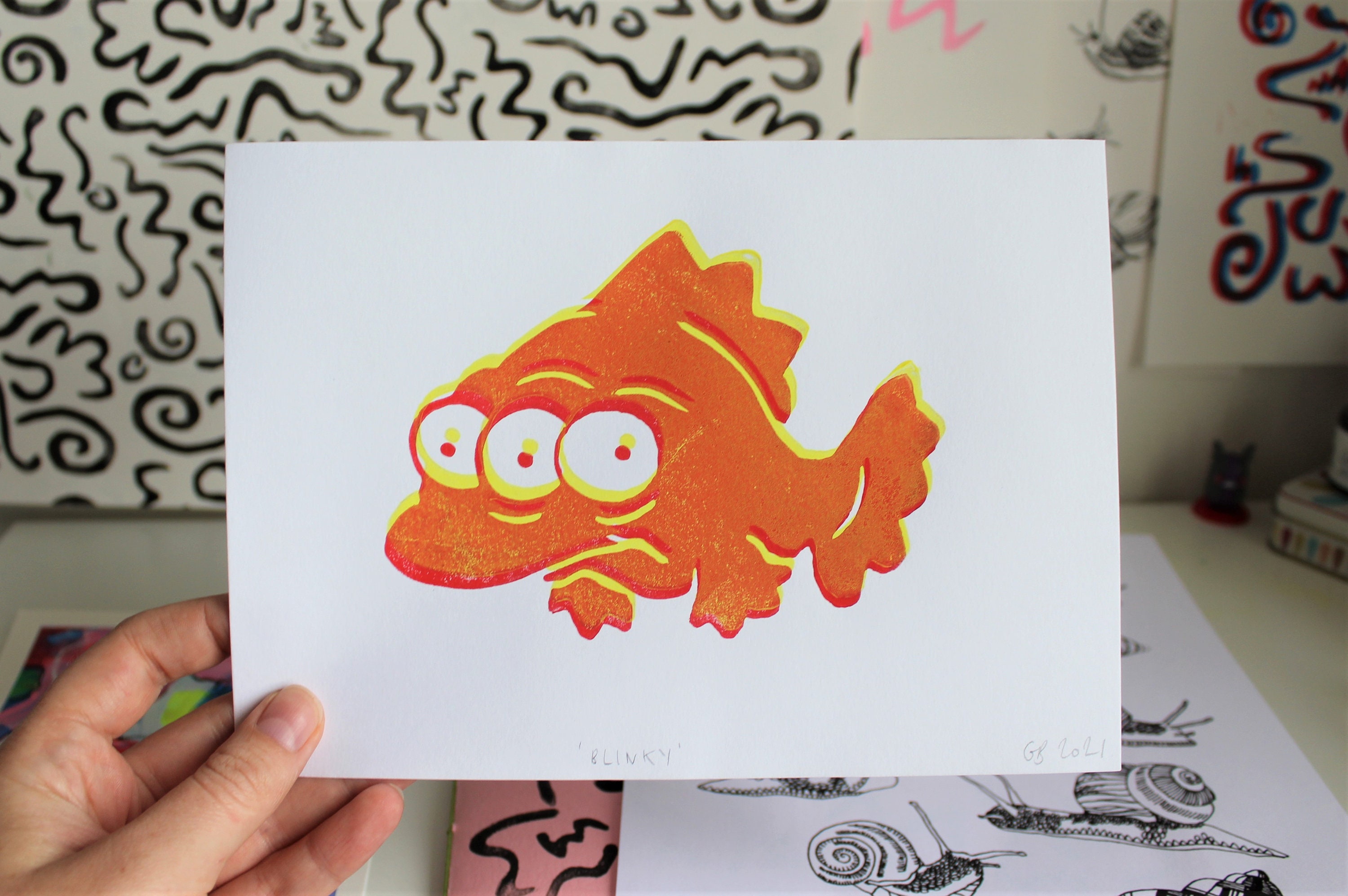 The Simpsons Art Print, Blinky A5 | Fish Lino Print, The Simpsons Gift ...