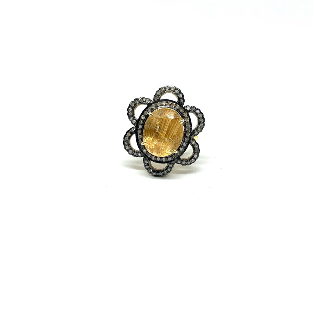 Golden Rutile, Rutile Quartz Ring, Pave Diamond Ring, Sterling Silver ...