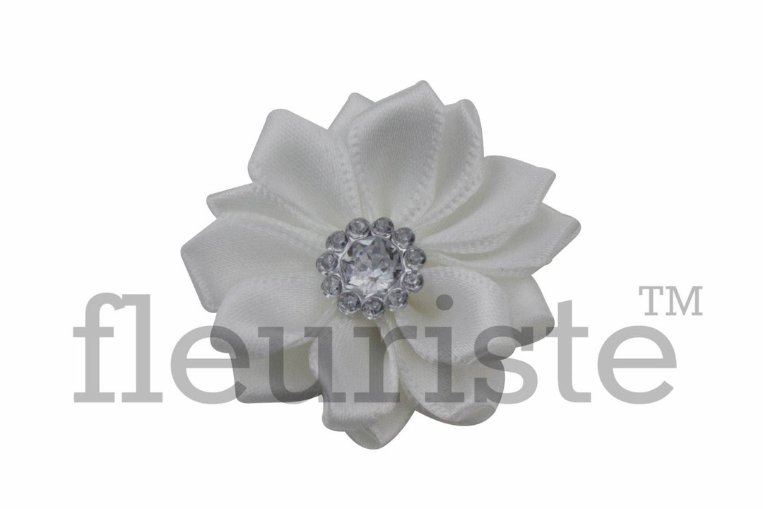 WHITE Ribbon Flower With Rhinestone Center Satin Flower - Etsy