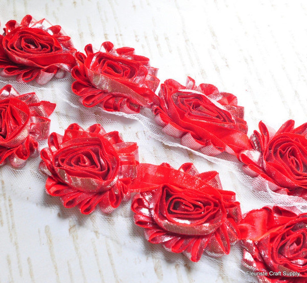 Metallic Red Silver Shabby Rose Trim, Shabby Flower Trim, Shabby ...