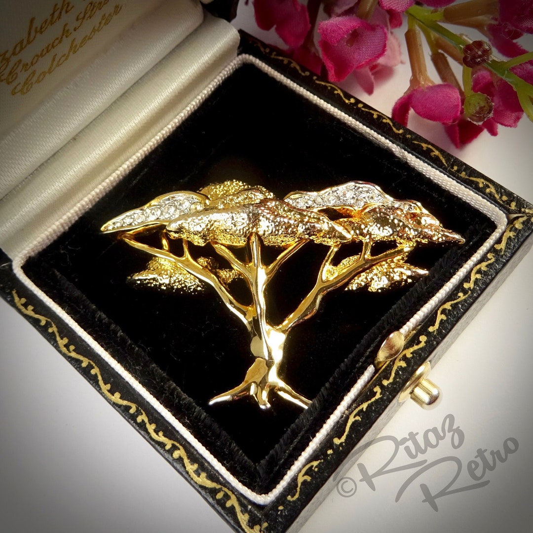 Vintage Cabouchon Tree Brooch, 18ct Gold Plate & Austrian Crystals ...