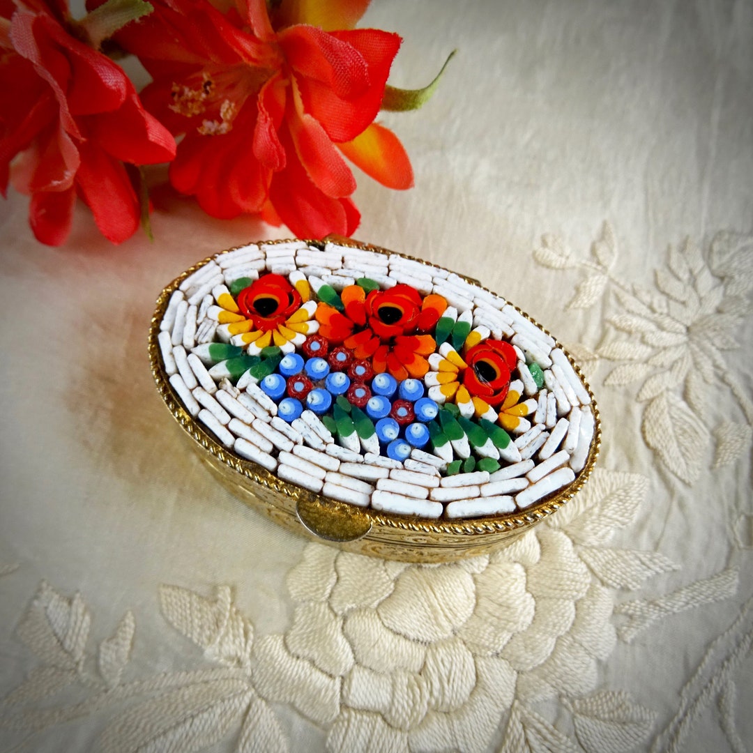 Vintage Italian Micro Mosaic Pill Box, Floral Pattern, Collectible ...