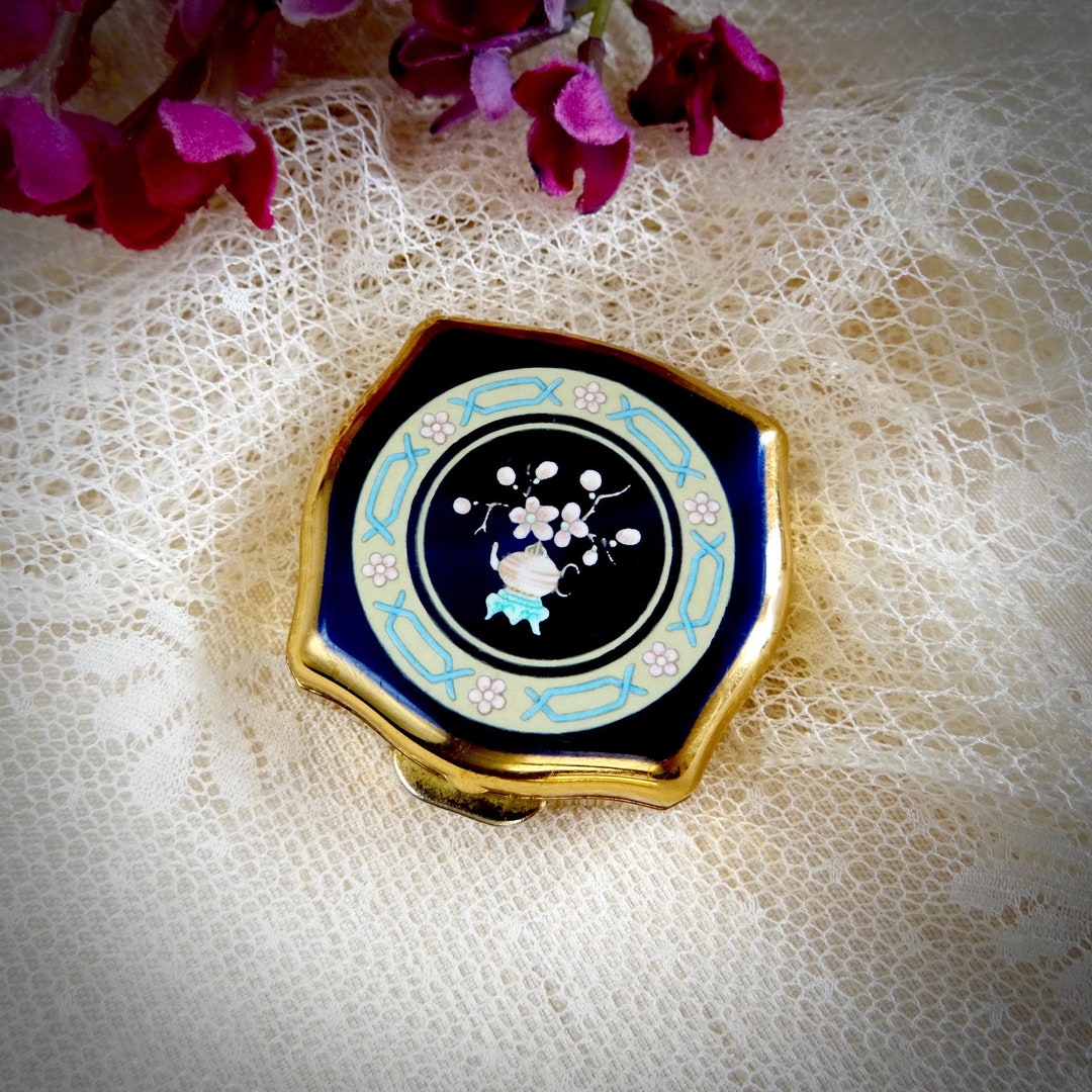 Vintage Stratton Pill Box: Gold Metal & Enamel, Cherry Blossom Travel ...