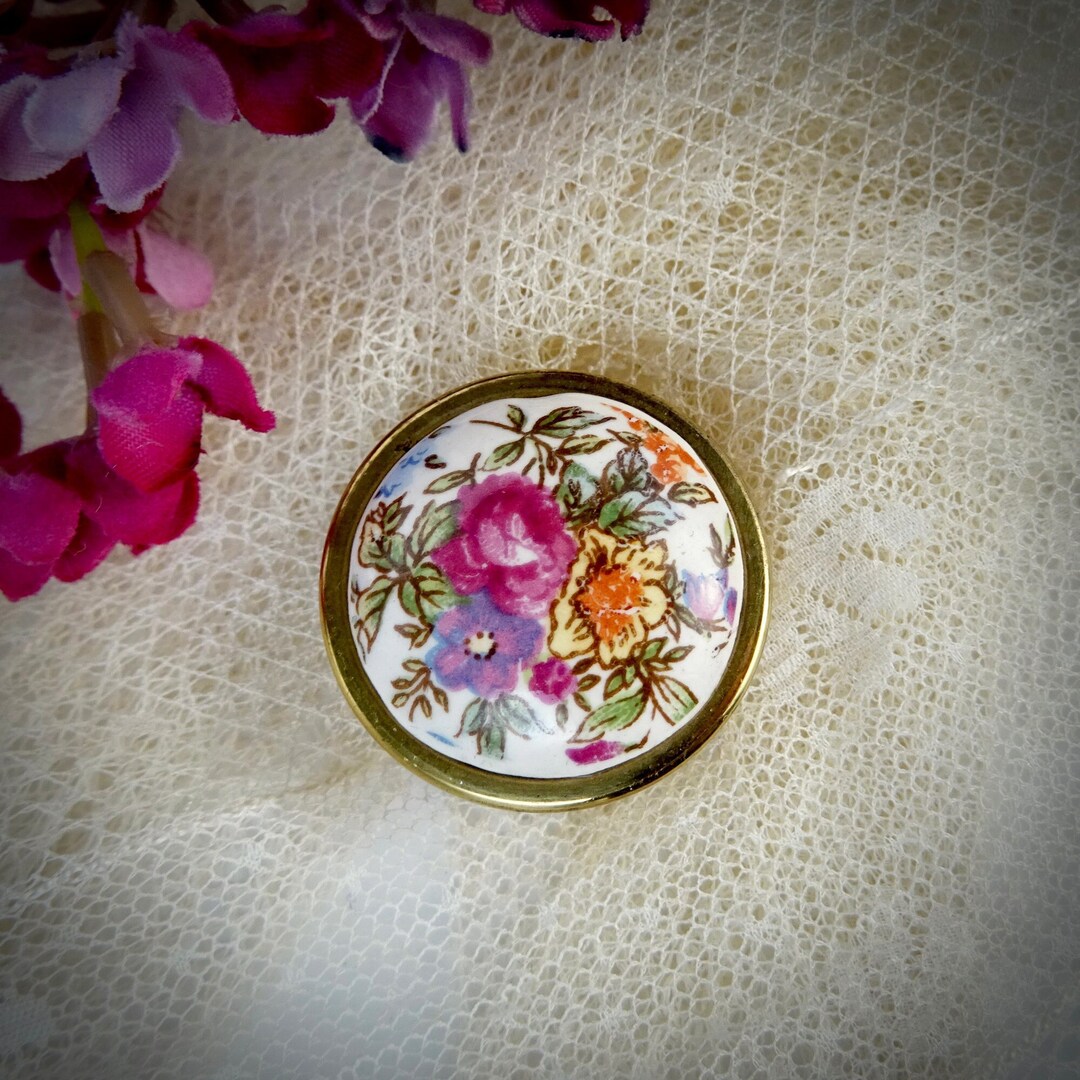 Vintage Brass Pill Box With Floral Ceramic Lid, Pill Compact, Small ...