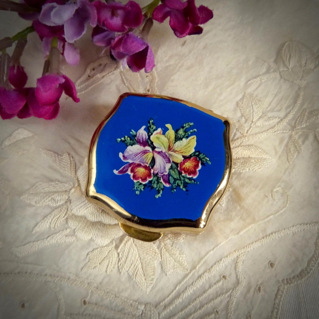 Vintage Stratton Pill Box With Floral Decoration on Blue Enamel, Small ...
