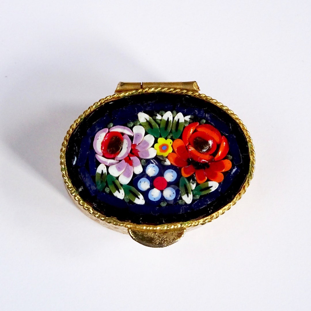 Vintage Italian Micro Mosaic Pill Box, Rose Pattern on Blue Background ...