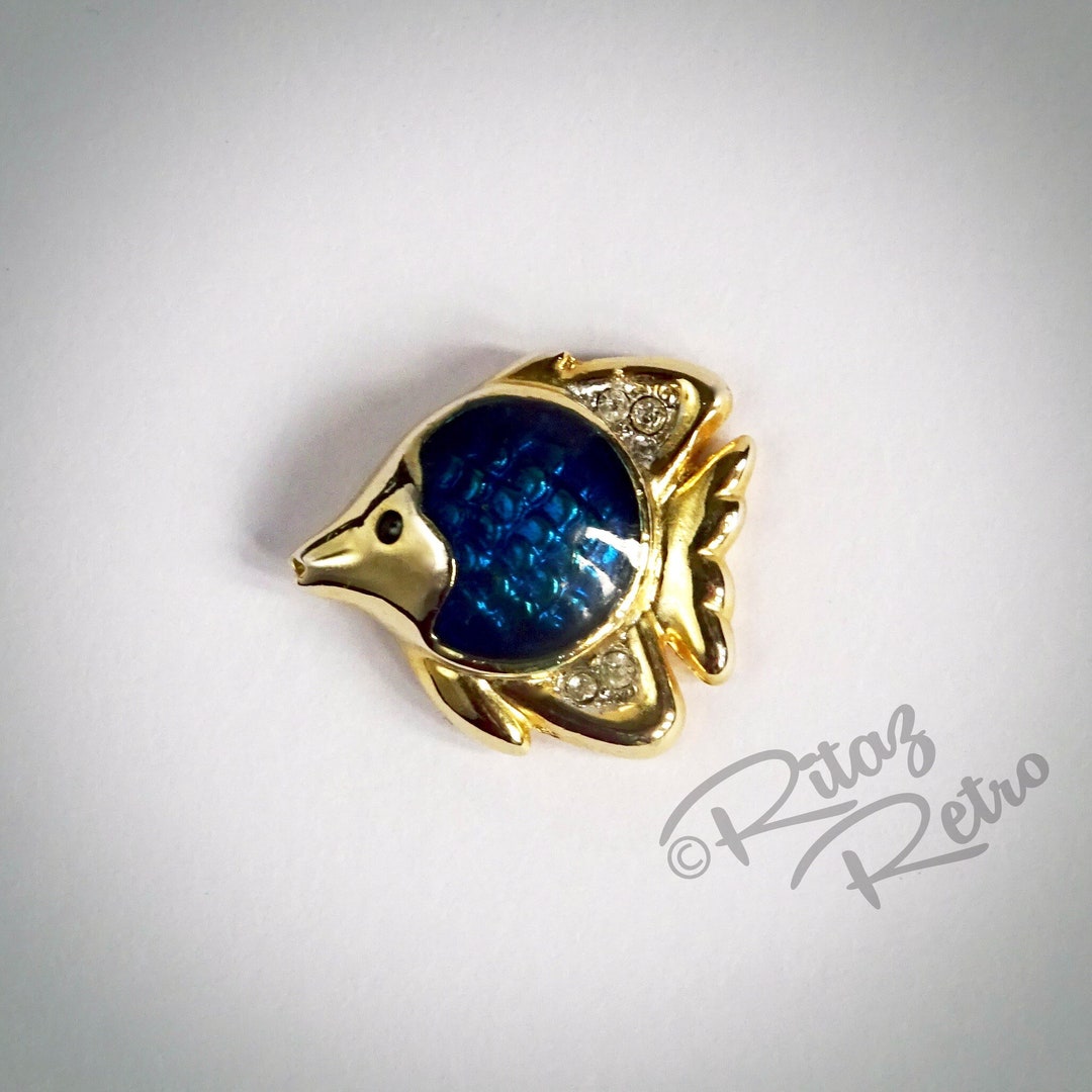 Vintage Cabouchon Fish Lapel Pin, 18ct Gold Plate & Enamel, Tropical ...