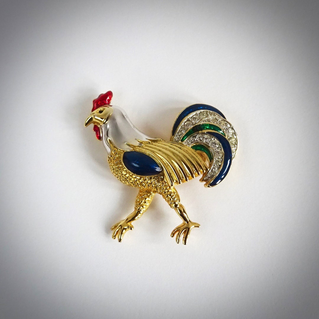 Vintage Cabouchon Cockerel Brooch, 18ct Gold Plate and Austrian Crystal, Chinese Zodiac Year of ...