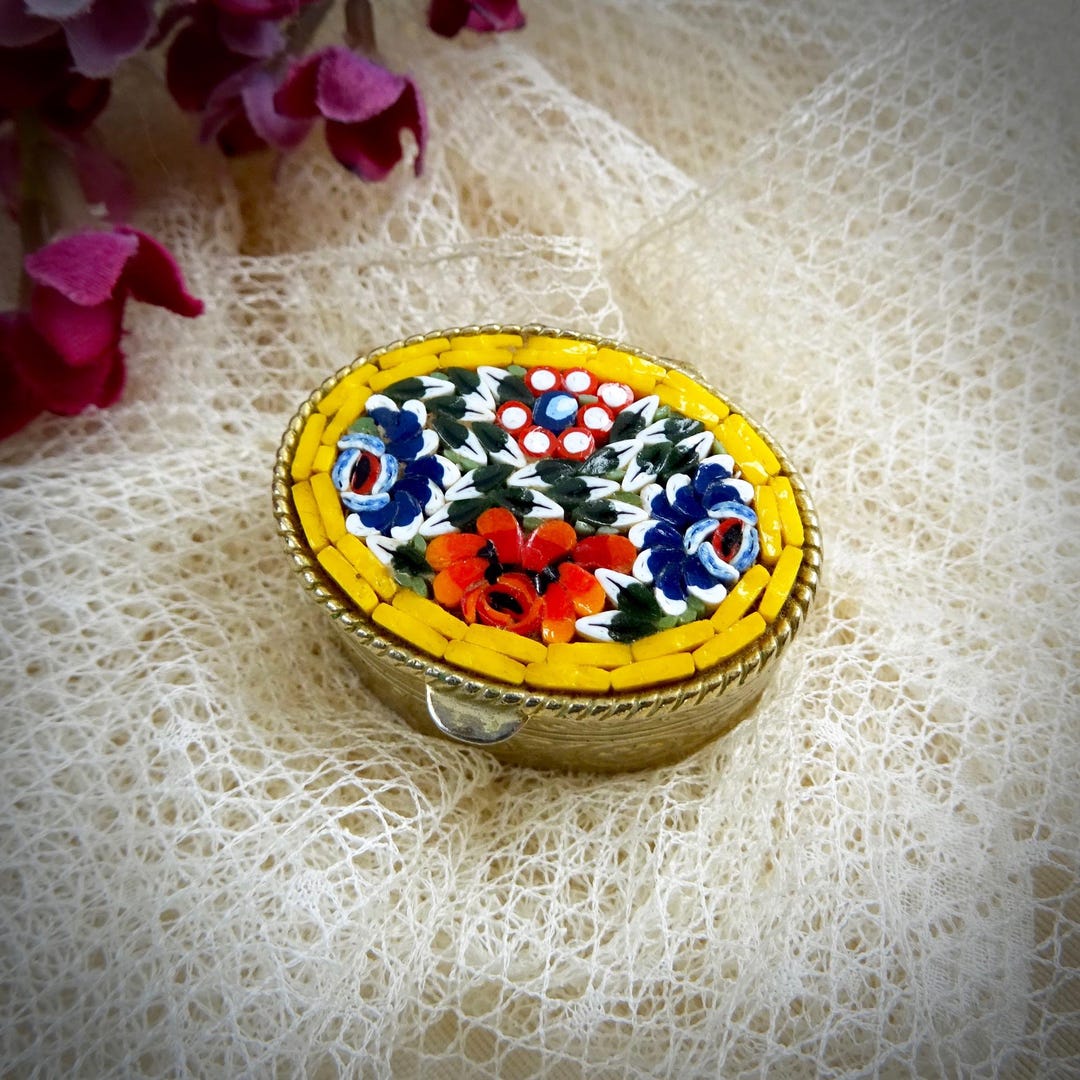 Vintage Italian Micro Mosaic Pill Box: Metal & Glass, Floral on Yellow ...