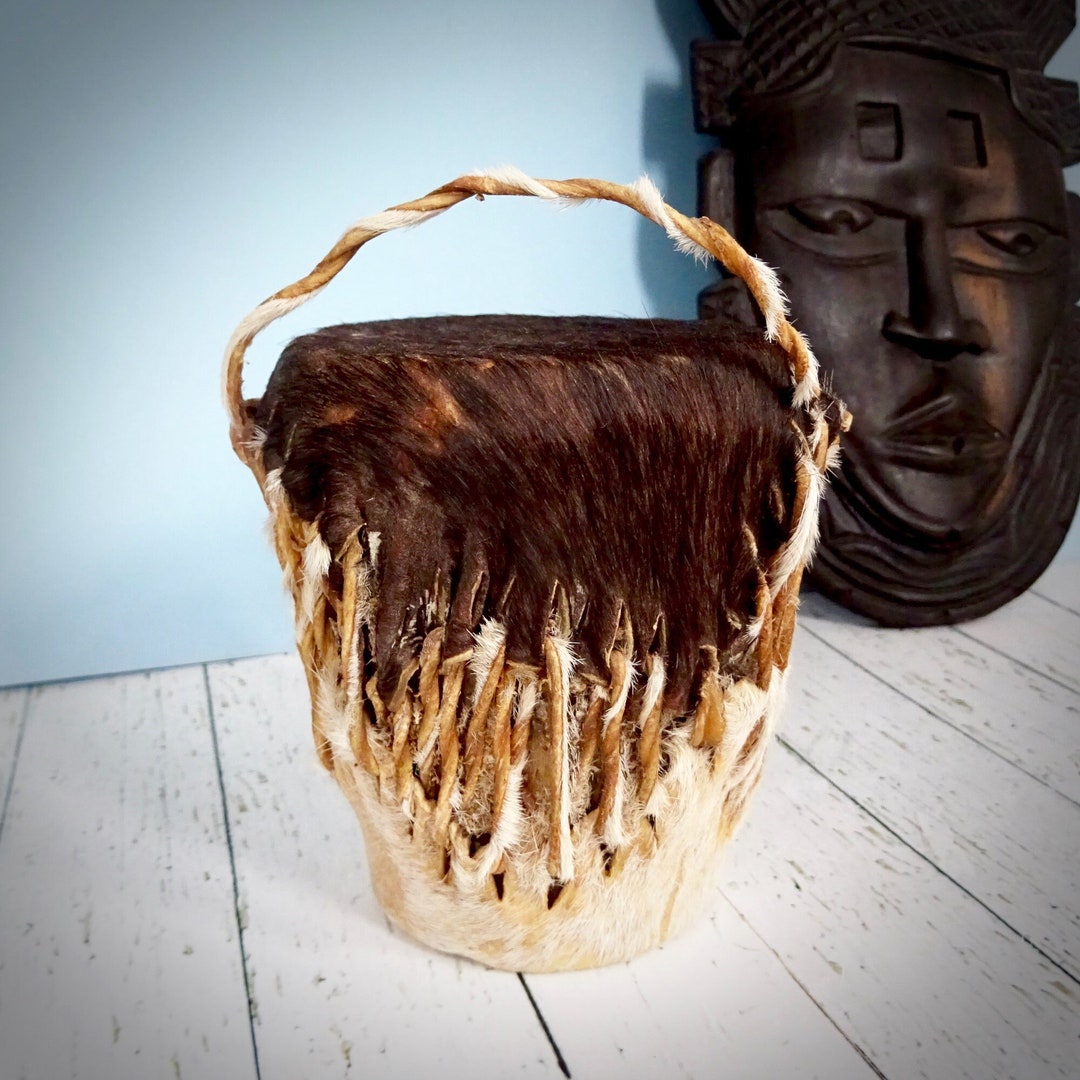 Small Vintage African Skin Rattle Drum, Hand-crafted in Africa ...
