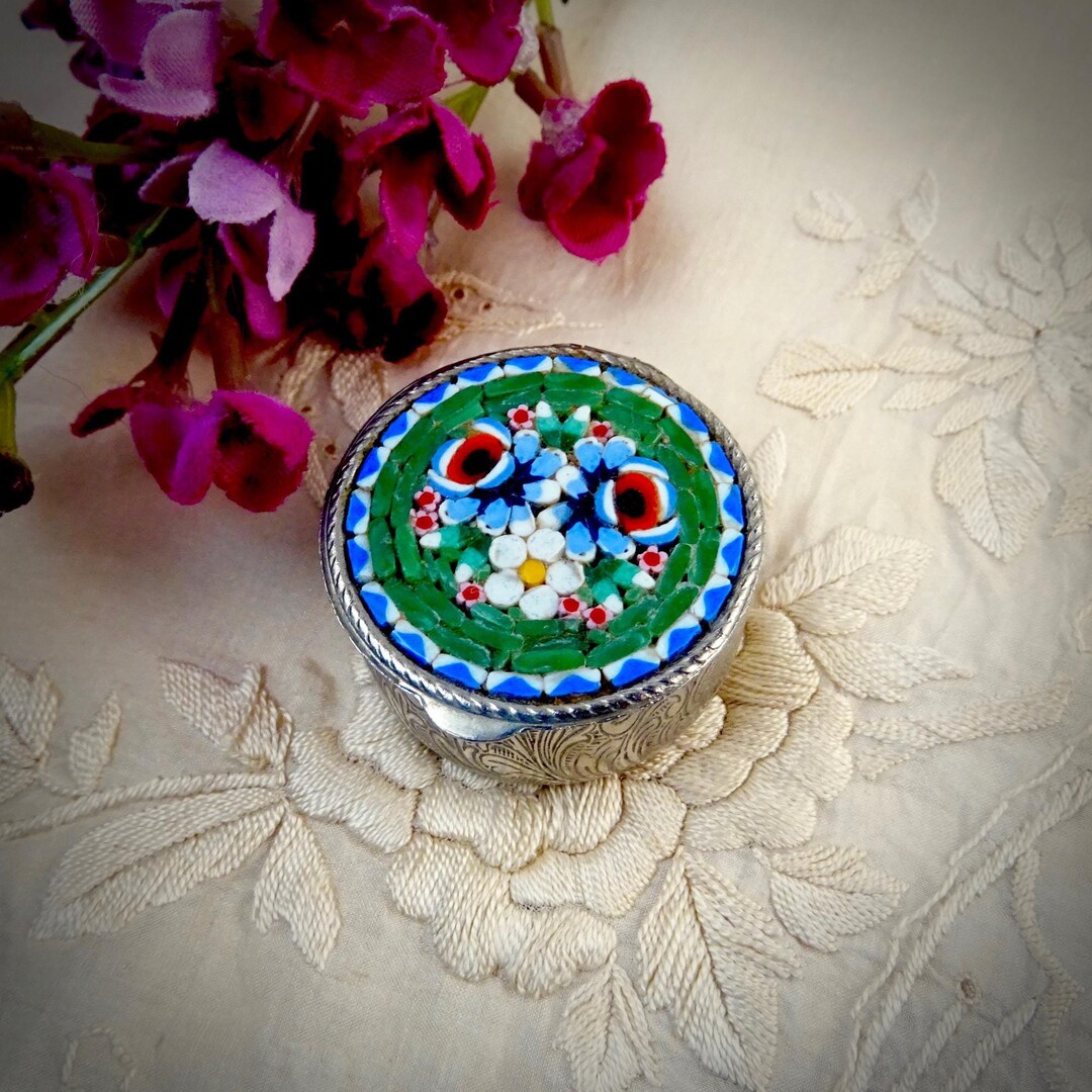 Vintage Italian Micro Mosaic Pill Box, Silver Tone With Floral Pattern ...