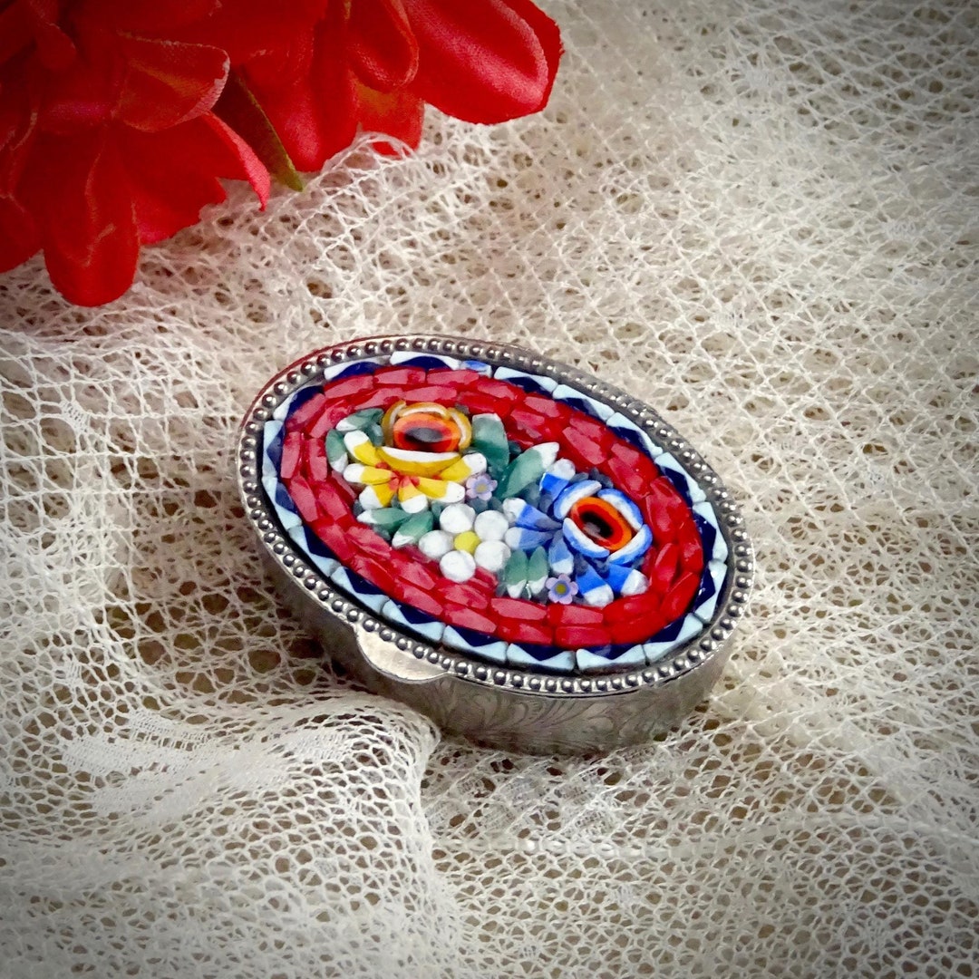Vintage Italian Micro Mosaic Pill Box: Floral Silver Tone Trinket Box ...