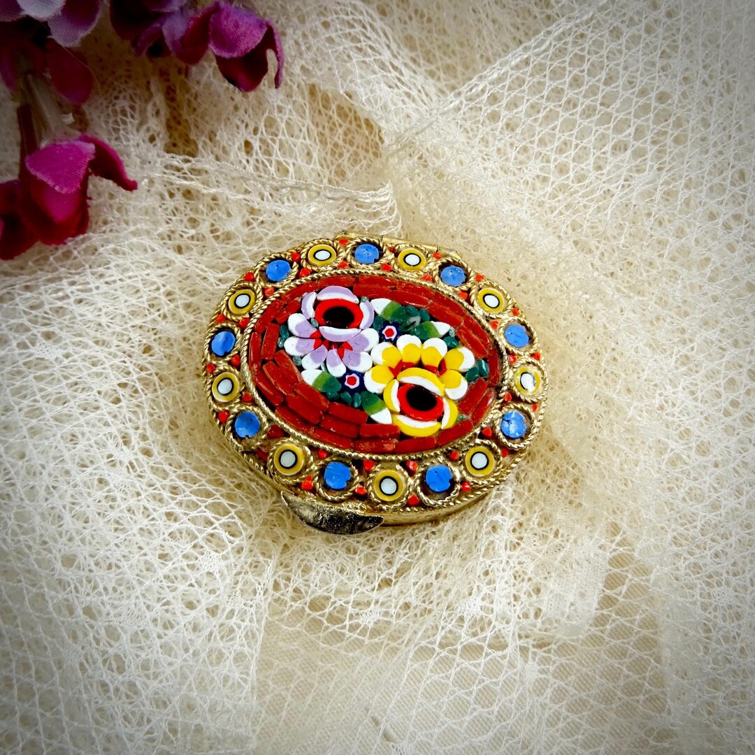Vintage Italian Micro Mosaic Pill Box: Metal & Glass Floral Trinket Box ...