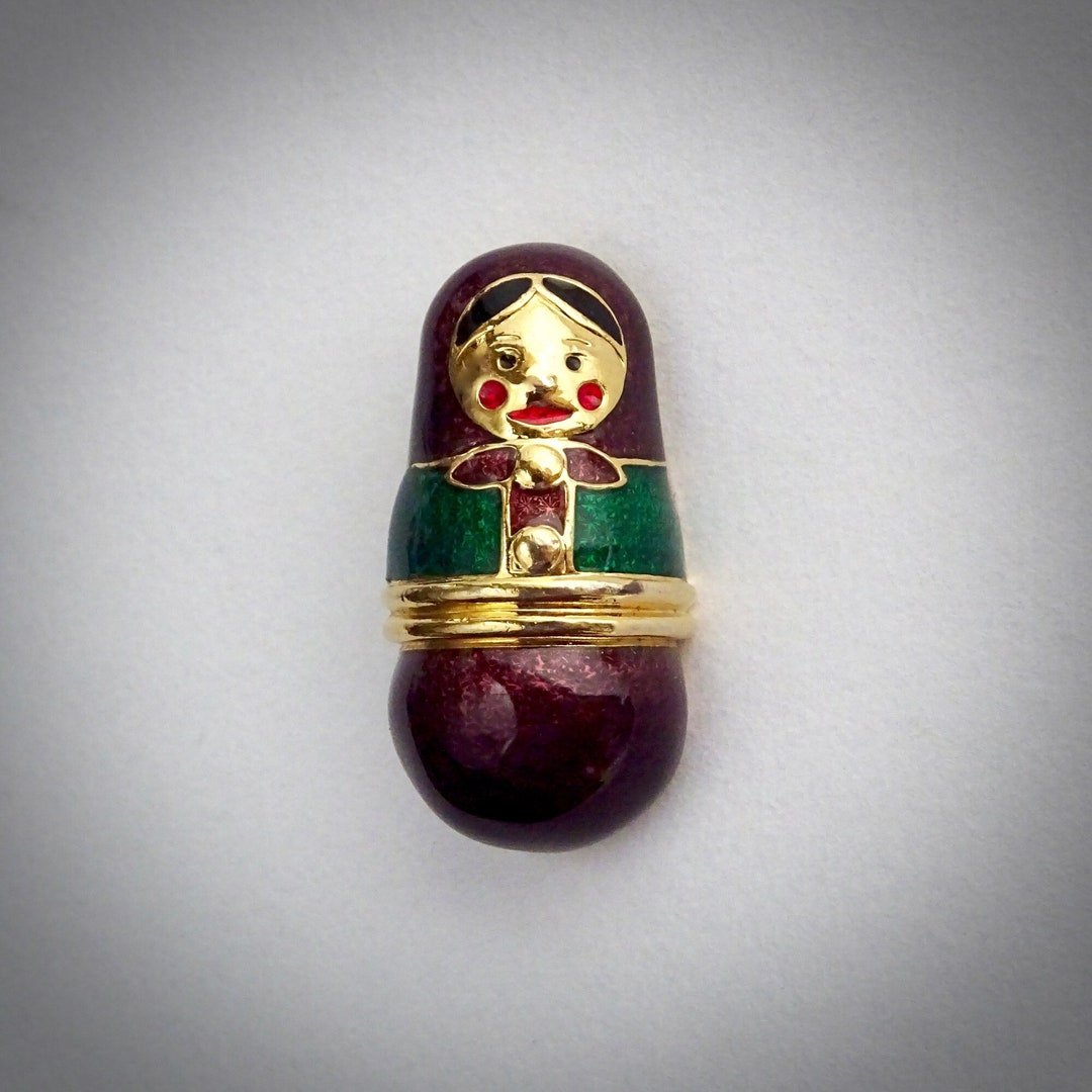 Vintage Cabouchon Matryoshka Brooch, 18ct Gold Plate & Enamel Nesting ...