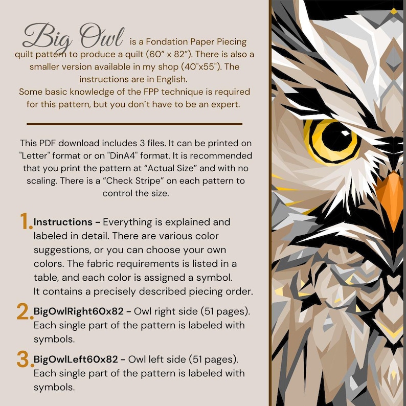 Big Owl 60"x82" FPP Pattern - Etsy Canada