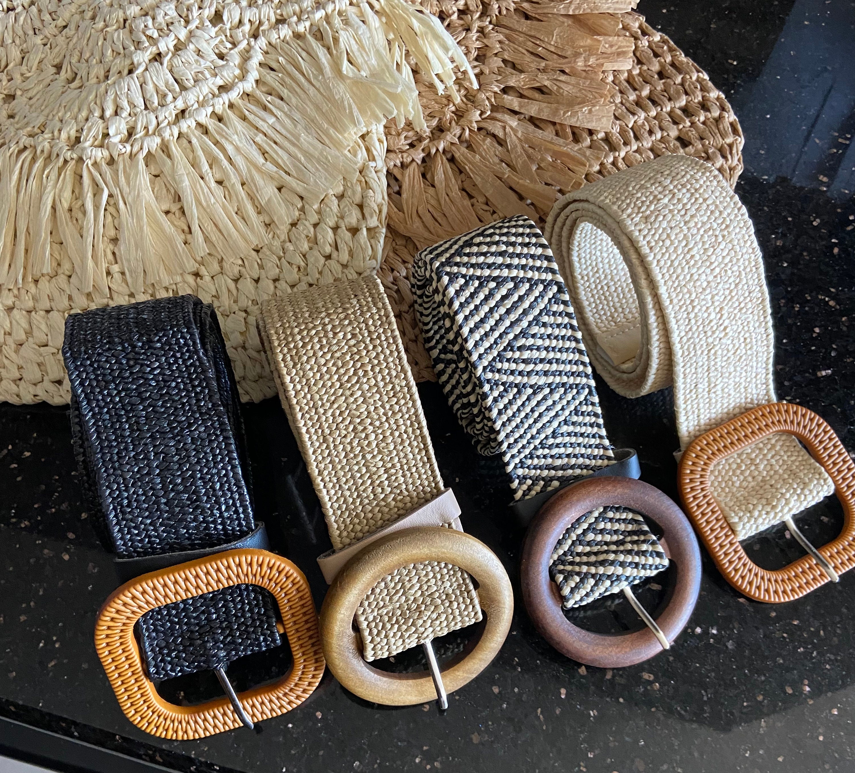STRAW STRETCH BELT Boho Raffia Belt Fashion Buckle 2 - Etsy
