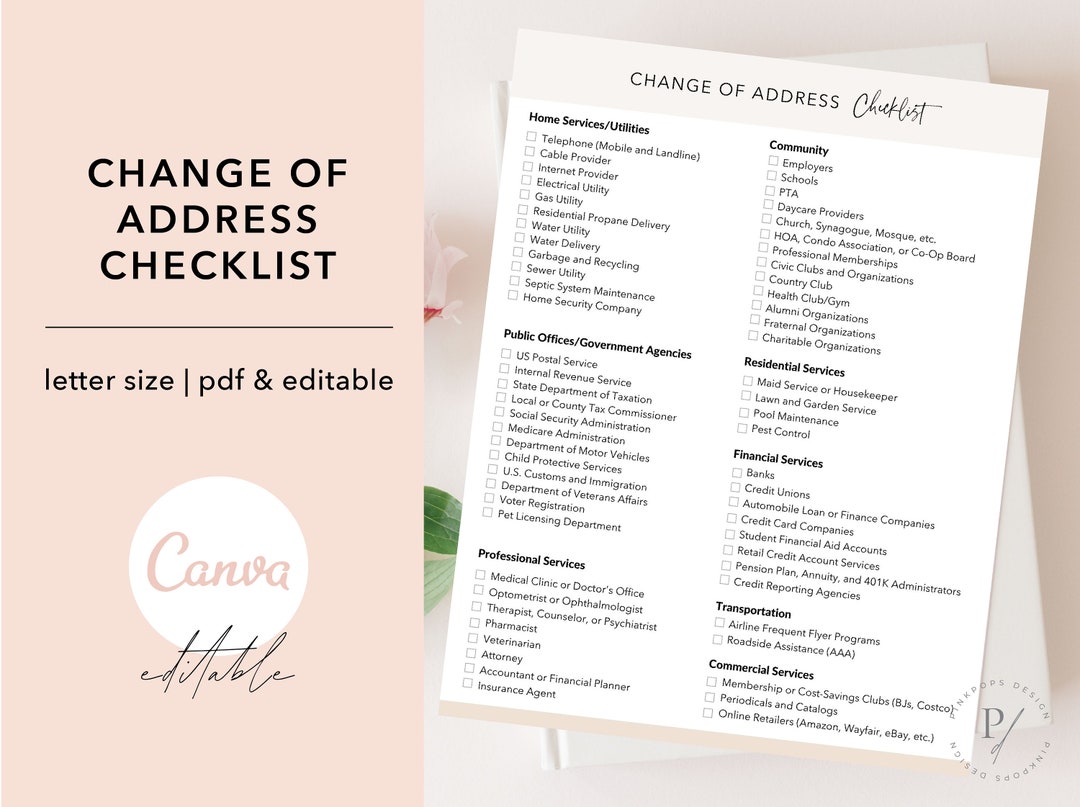Real Estate Change of Address Checklist, Moving Checklist (PDF & Canva ...