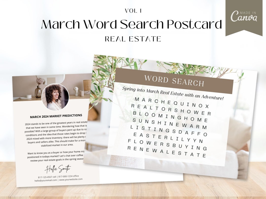 Real Estate March Word Search Postcard, Canva Template (digital ...