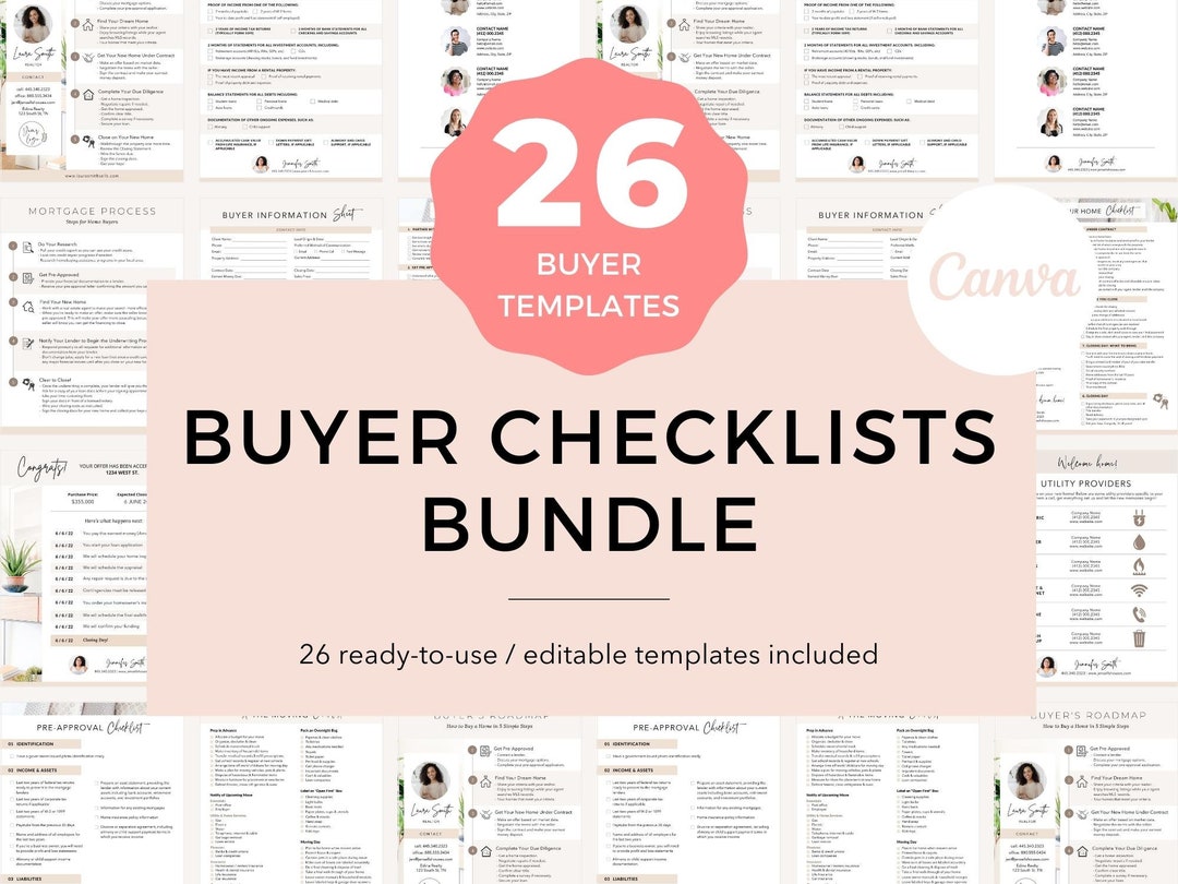Real Estate Buyer Checklists Bundle, 26 Canva Templates (digital ...
