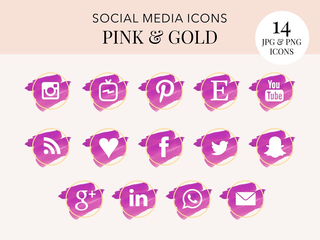 Pink & Gold Social Media Icons, Pink Gold Social Sharing Icons, Pink ...