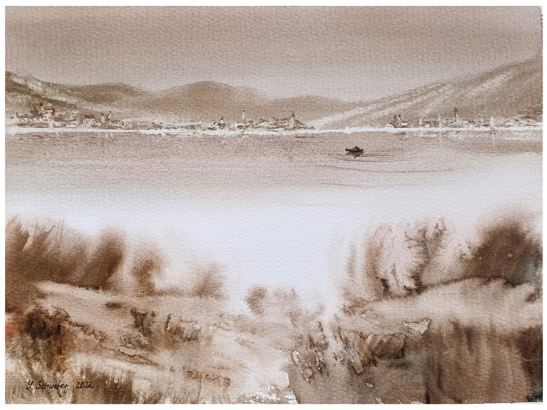 ORIGINAL Watercolor Painting "sepia ", Nature Painting, Lake Painting ...