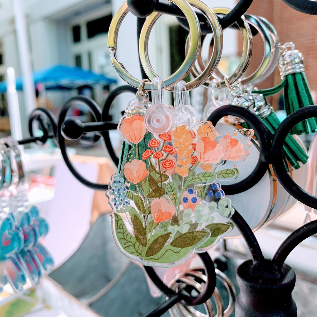 Pink Flower Key Chain | Watercolor Flower Keychain | Floral Keychain ...