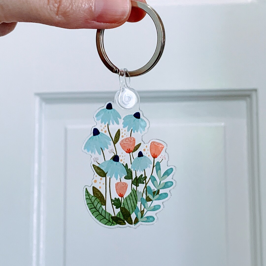 Blue Flower Key Chain | Watercolor Flower Keychain | Floral Keychain ...