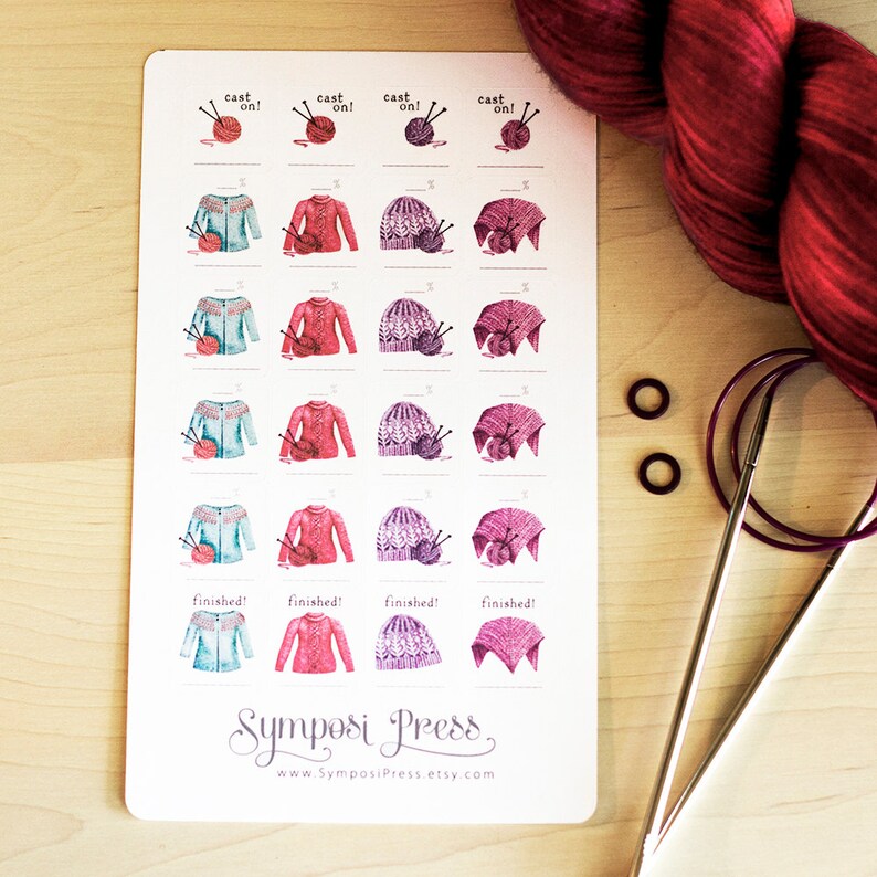 Knits! Work-in-progress (WIP) Knitting Stickers in "berry" - Watercolor ...