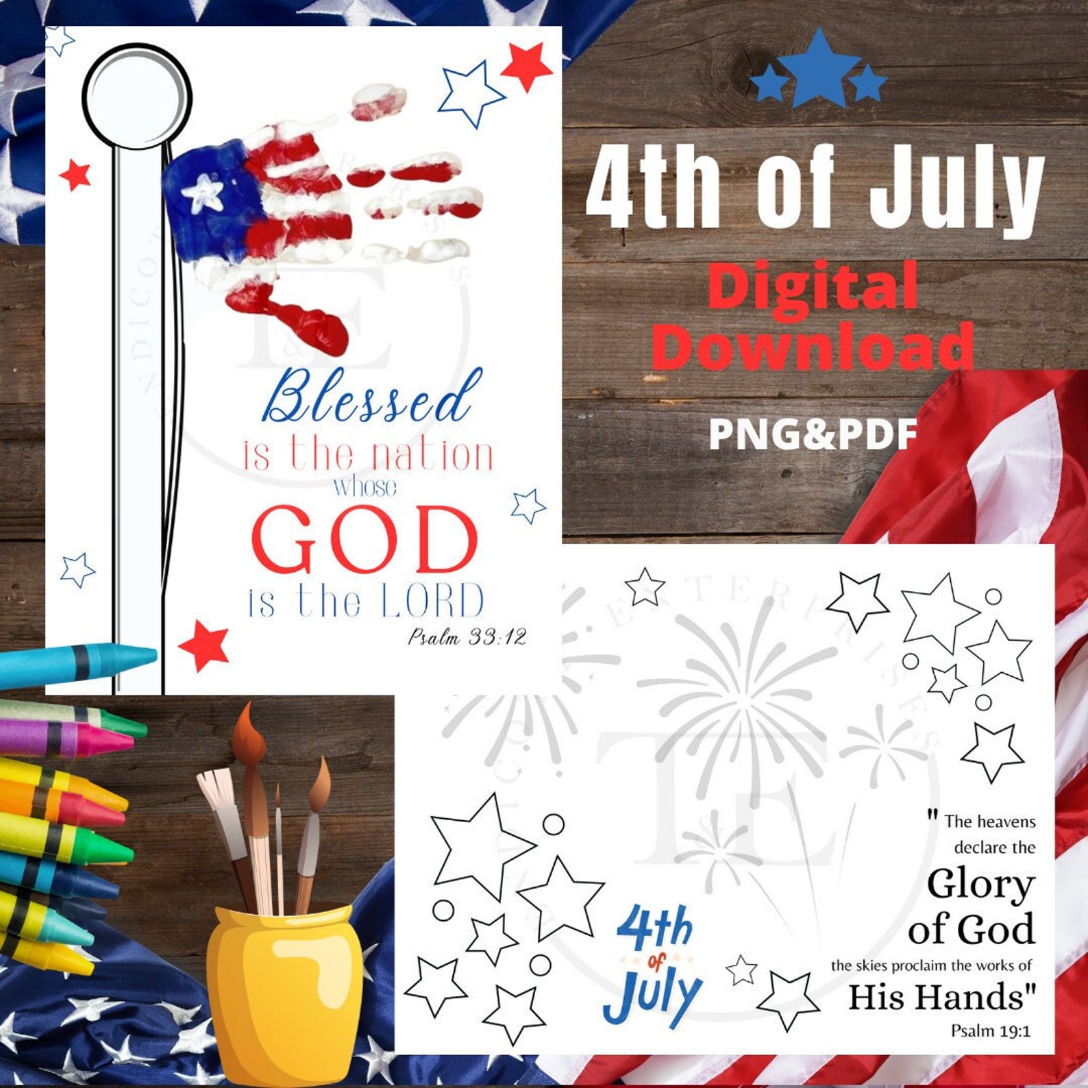 4th of July Christian Activity Coloring Painting Pages two Flag Digital ...