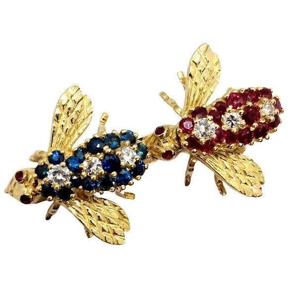 Elegant Vintage Diamond Ruby Sapphire 18K Gold Double Bee Elegant Vintage Diamond Ruby Sapphire 18K Gold Double Bee
