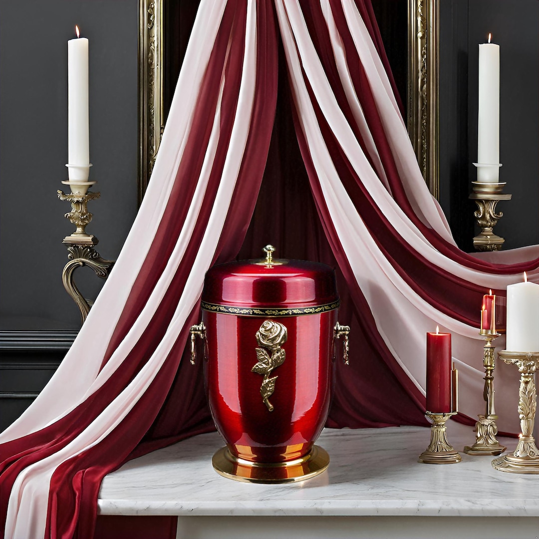 Beautiful Red Metal Cremation Urn With Gold Rose Funeral Urn for Ashes ...