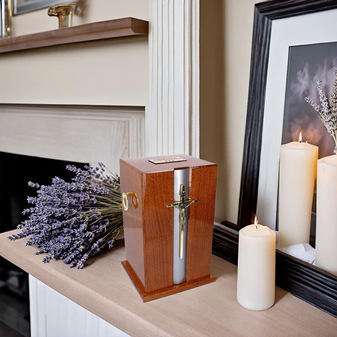 Natural Wood Casket Gold Cross Adult Cremate Urn Personalise Urn for ...