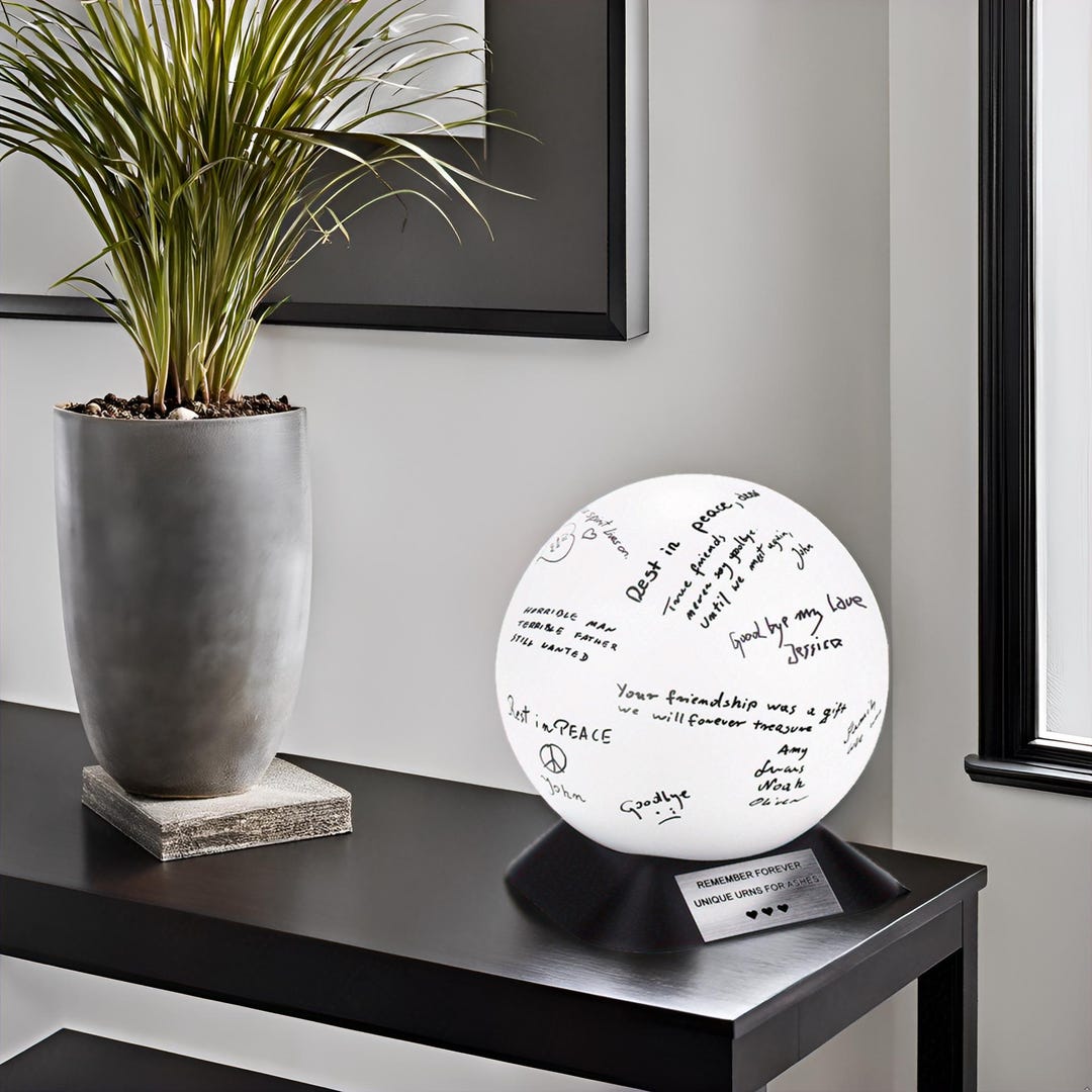 White Sphere Urn With Signatures Unique Memorial Urn Ball Urn for Ashes ...