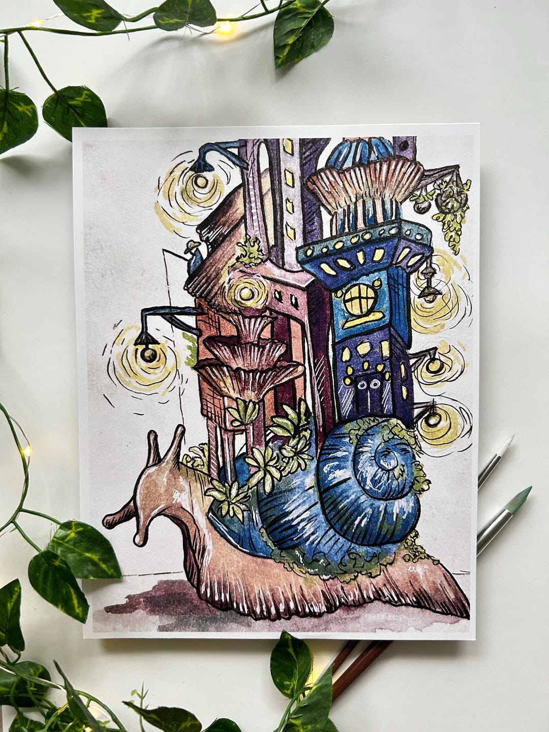City Snail Art Print - Cottagecore Room Decor - Watercolor Snail Print ...