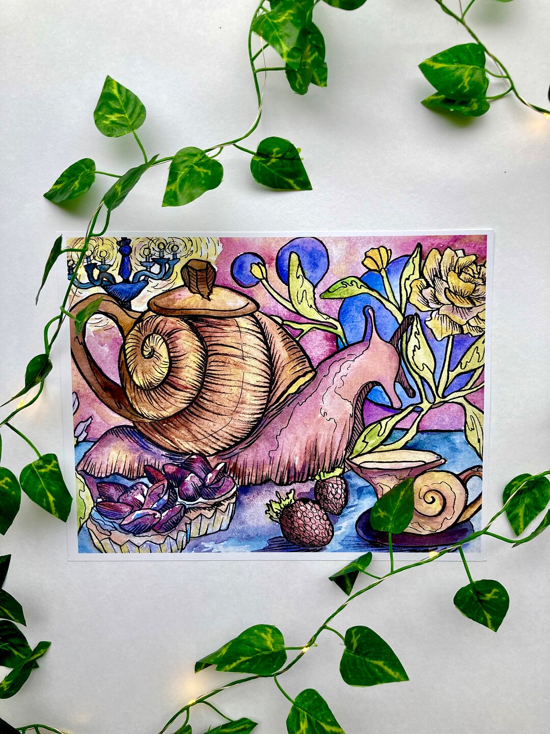 Snail Tea Party Art Print - Cottagecore Room Decor - Watercolor Snail ...