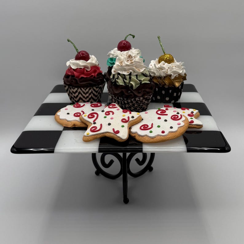 Festive Fused Glass Black White Checkerboard Cake Stand-10.5" Square, 5 ...
