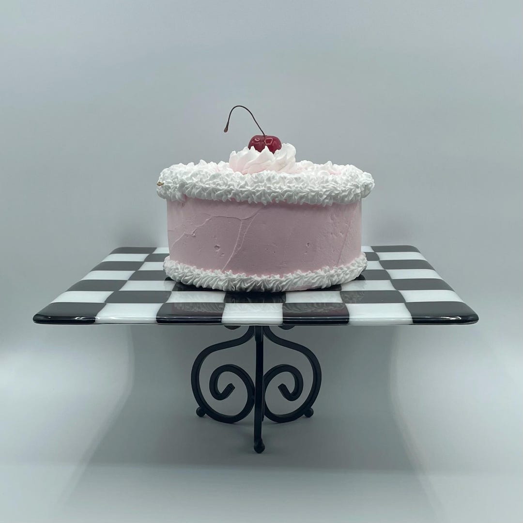 Festive Fused Glass Cake Stand in Black and White Checkerboard 11.75 ...
