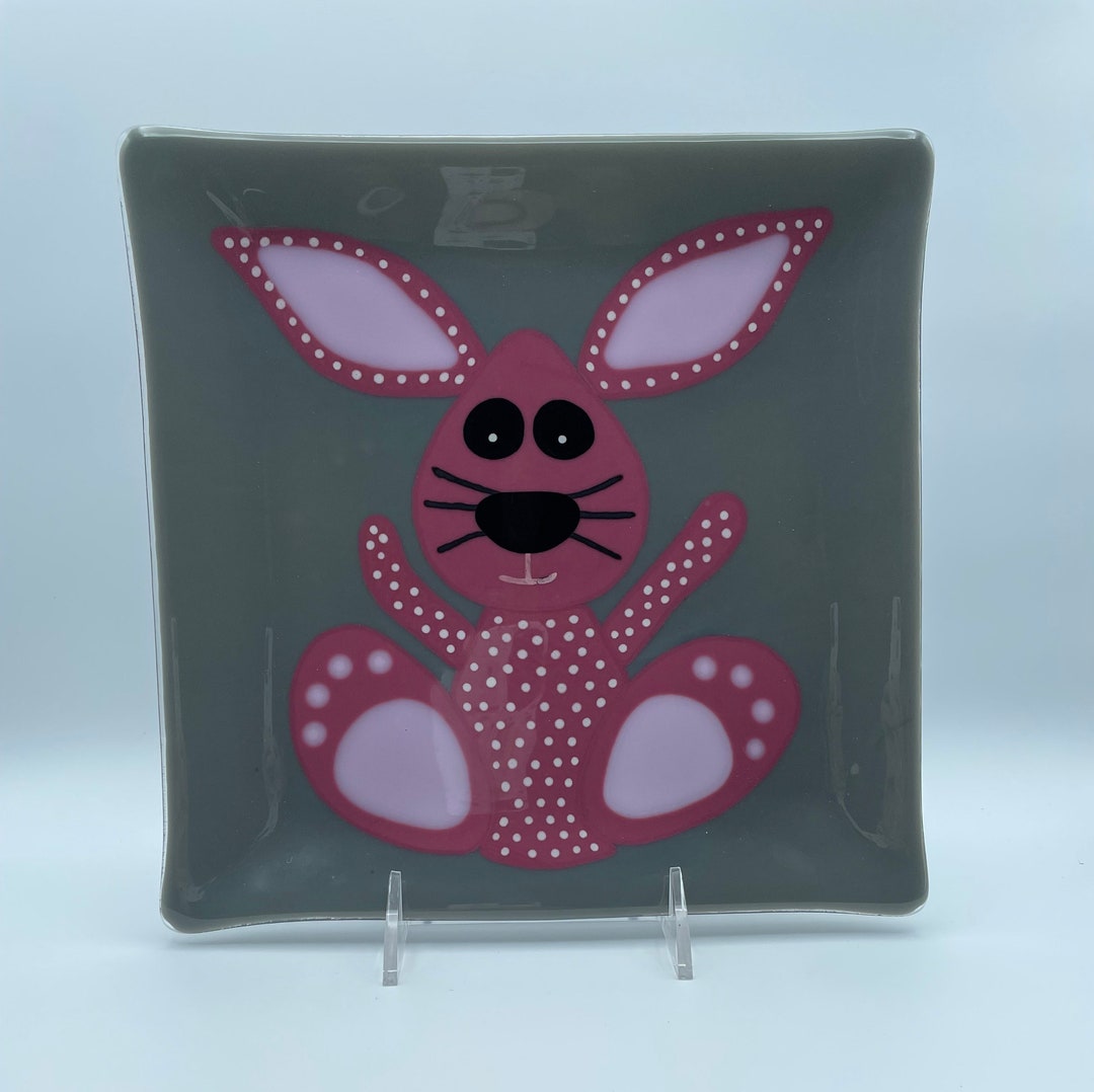 Festive Fused Glass Bunny Platter in Pink, Gray and White- 10” Square ...
