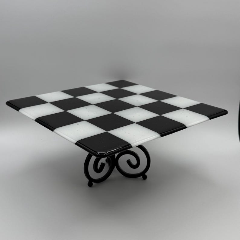 Festive Fused Glass Black White Checkerboard Cake Stand-10.5" Square, 5 ...