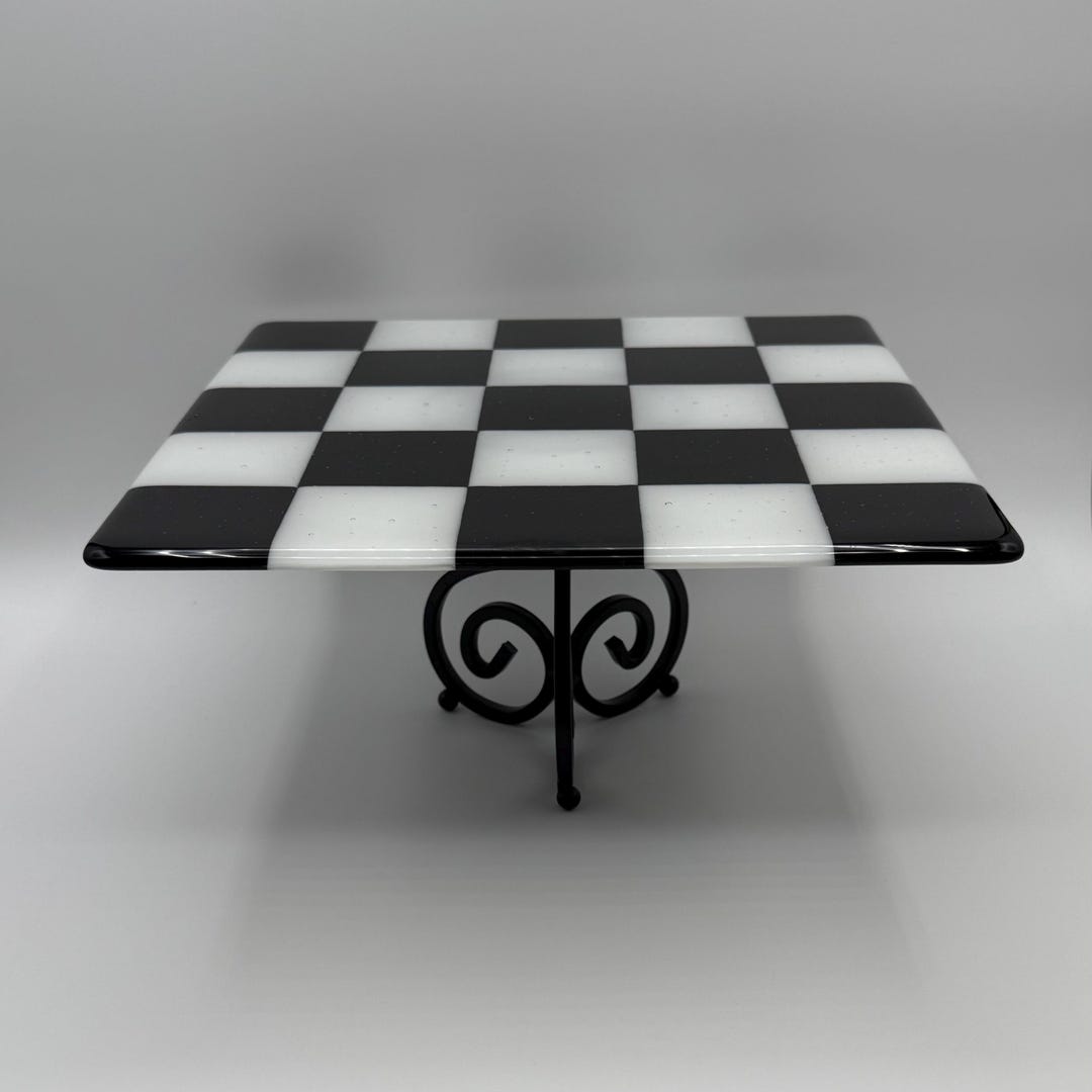 Festive Fused Glass Black White Checkerboard Cake Stand-10.5" Square, 5 ...