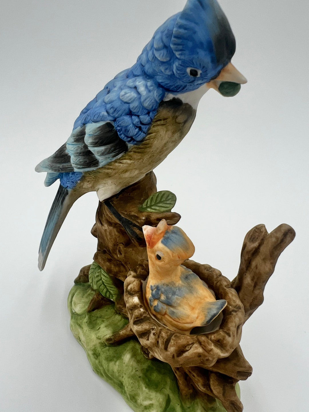 Lefton Vintage Momma Bird Feeding Baby Bird Blue Jay Figurine Porcelain ...