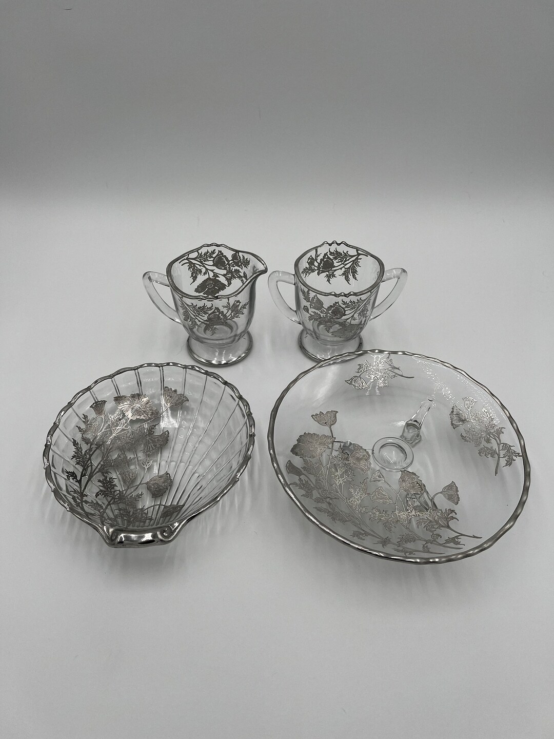 Vintage Silver City Set W/ Sugar Bowl, Creamer, Footed Plate & Shell ...