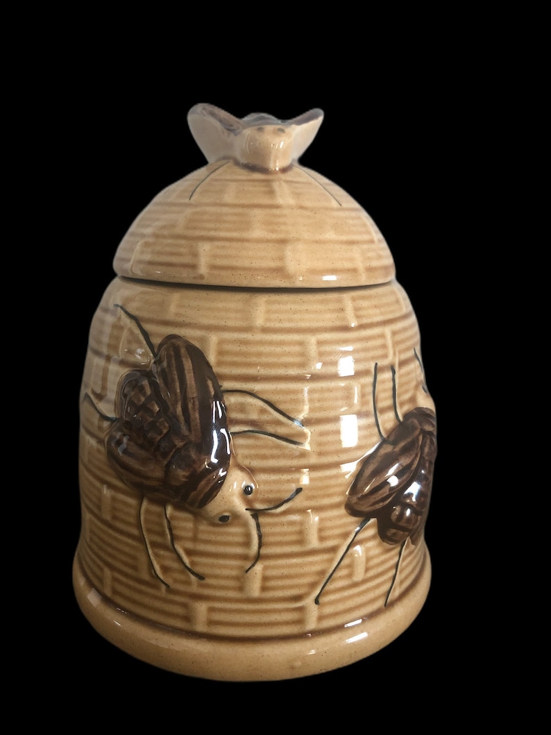 Vintage Beehive Ceramic Honey Pot Brown Basket Design With Large Bees ...