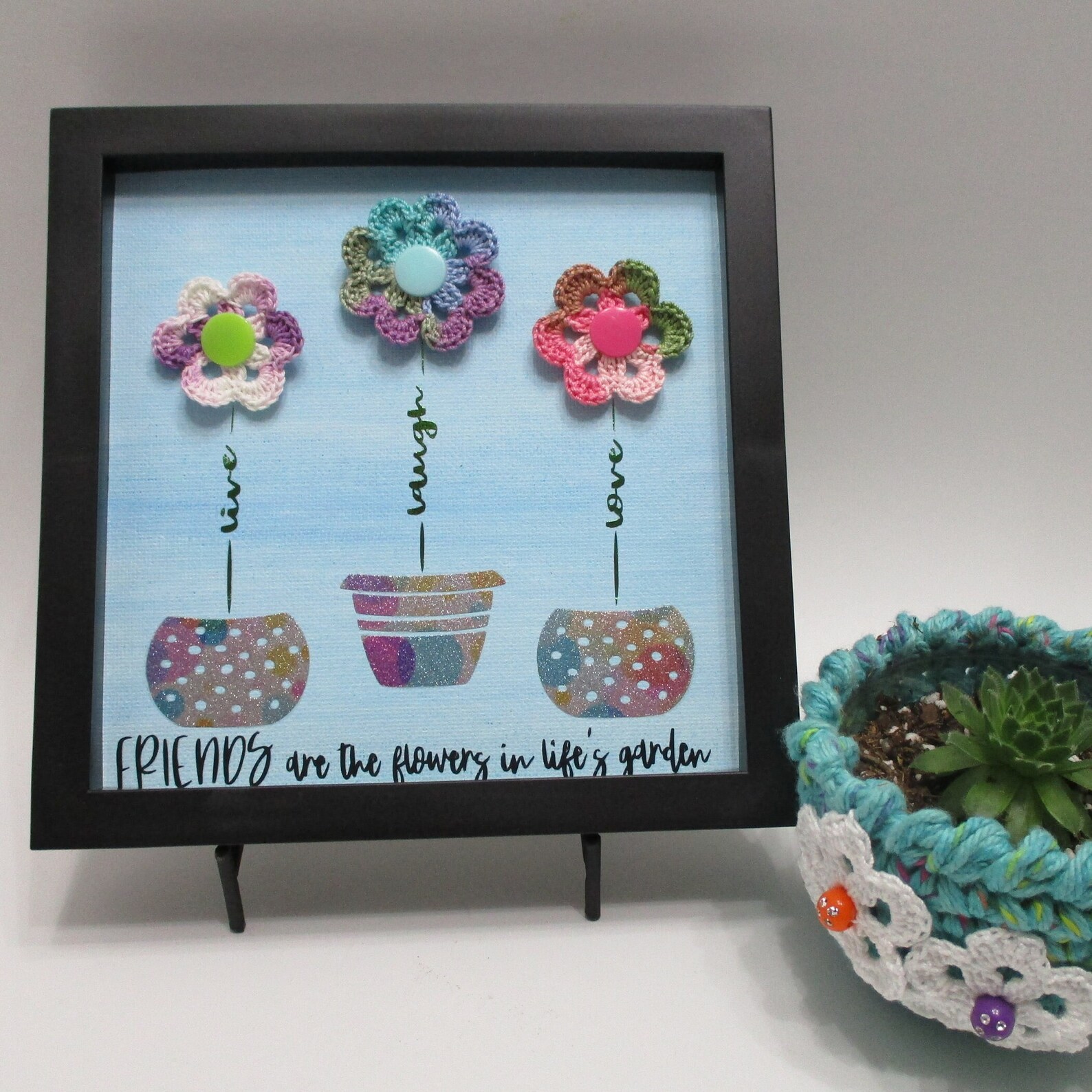 FRAMED CROCHET FLOWERS Crochet Flowers on Canvas Live Laugh Love ...