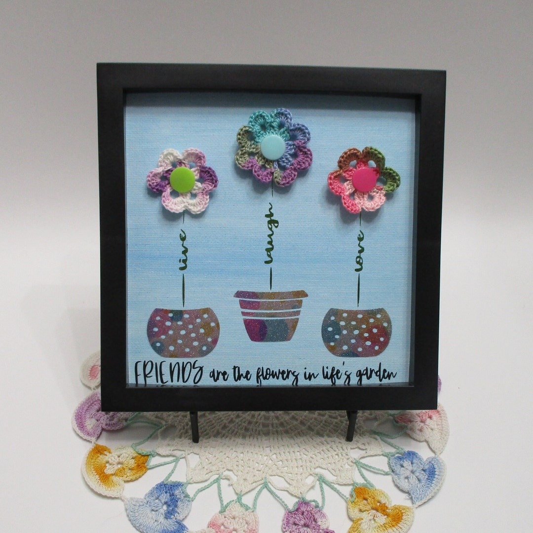 FRAMED CROCHET FLOWERS Crochet Flowers on Canvas Live Laugh Love ...