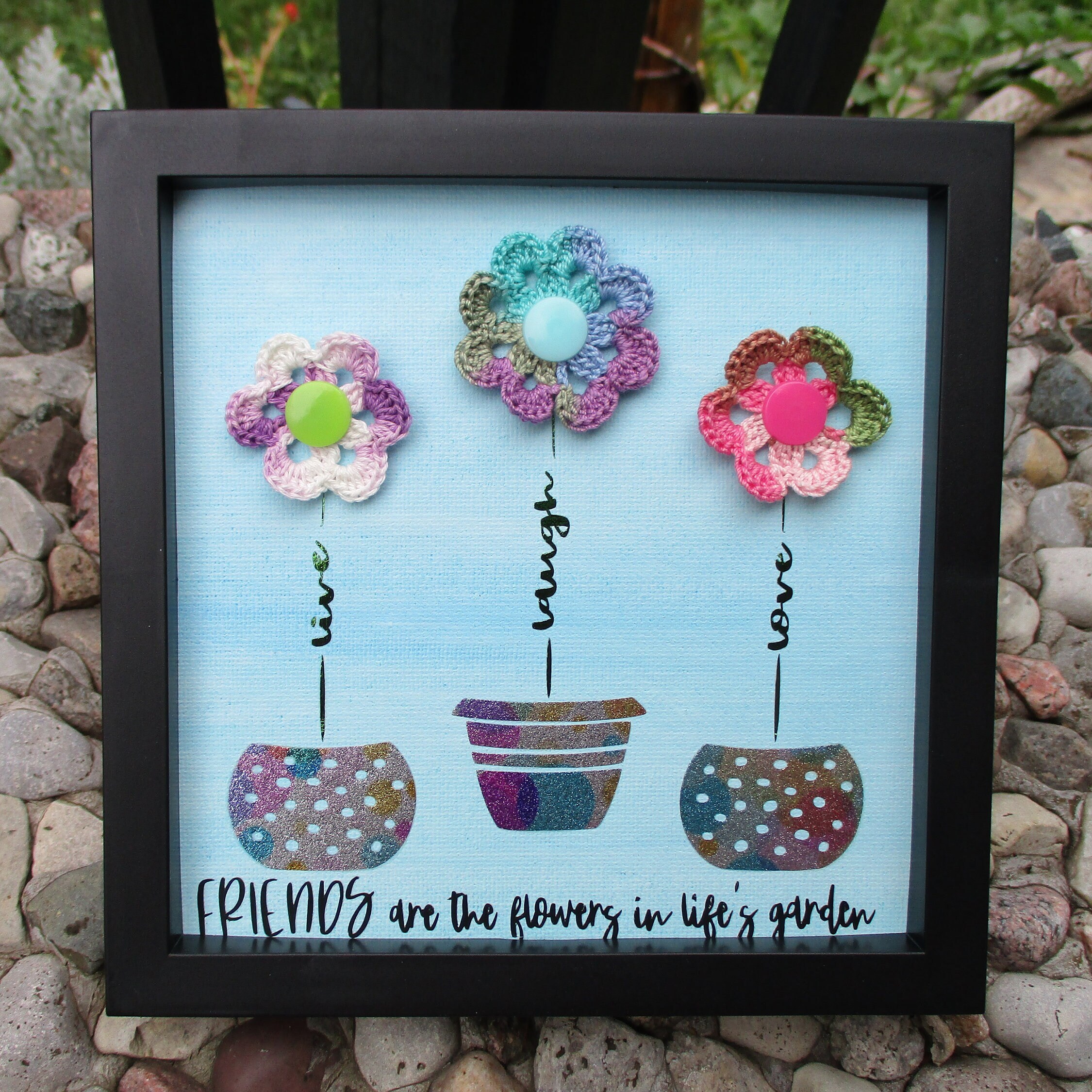 FRAMED CROCHET FLOWERS Crochet Flowers on Canvas Live Laugh Love ...